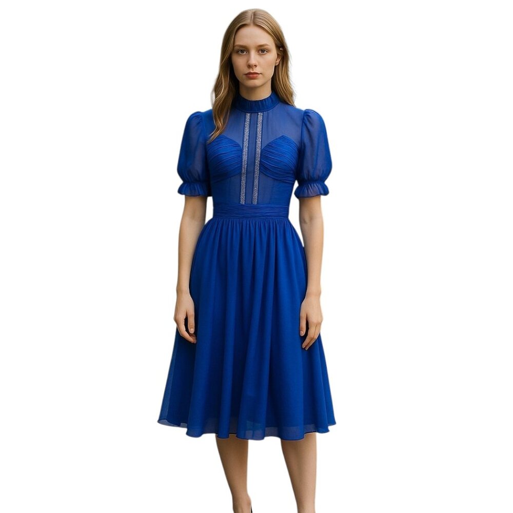Self Portrait Blue Sheer Dress Cutout Back Lace 4 Nwot - Gem